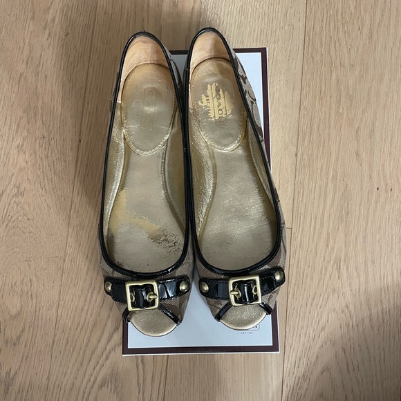 Coach | Shoes | Coach Leana Logo Black And Gold Peep Toe Flats | Poshmark